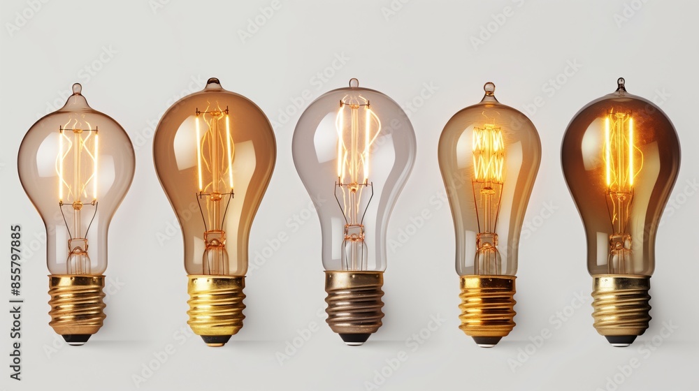 Five vintage light bulbs in a row display varying filament designs ...
