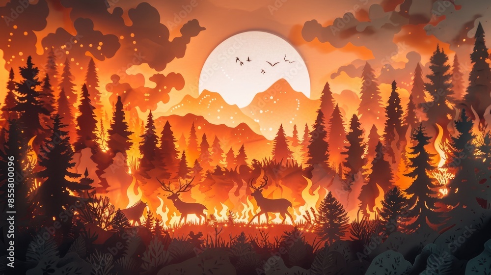 Paper cutout showing dramatic forest fire scene with towering flames and dense smoke under a ...