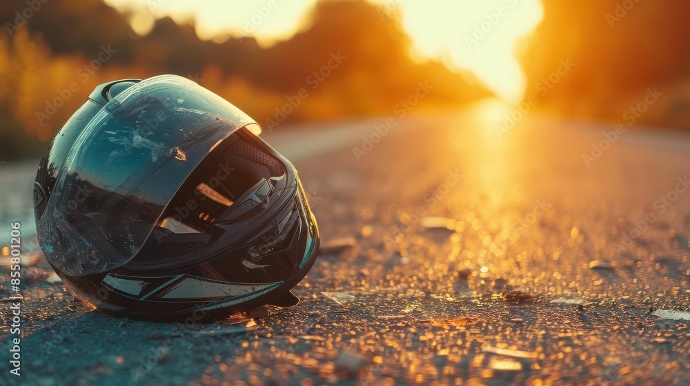 A motorcycle accident scene with a helmet and bike on the road accident ...