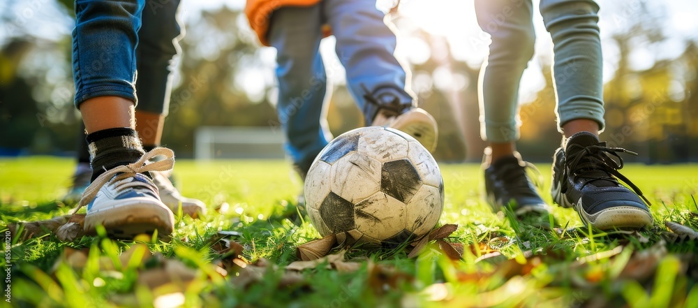 Young boys improving their soccer skills by playing football. Children ...