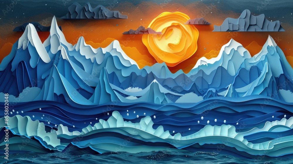 Climate change impact in paper cutout art style, with melting glaciers ...