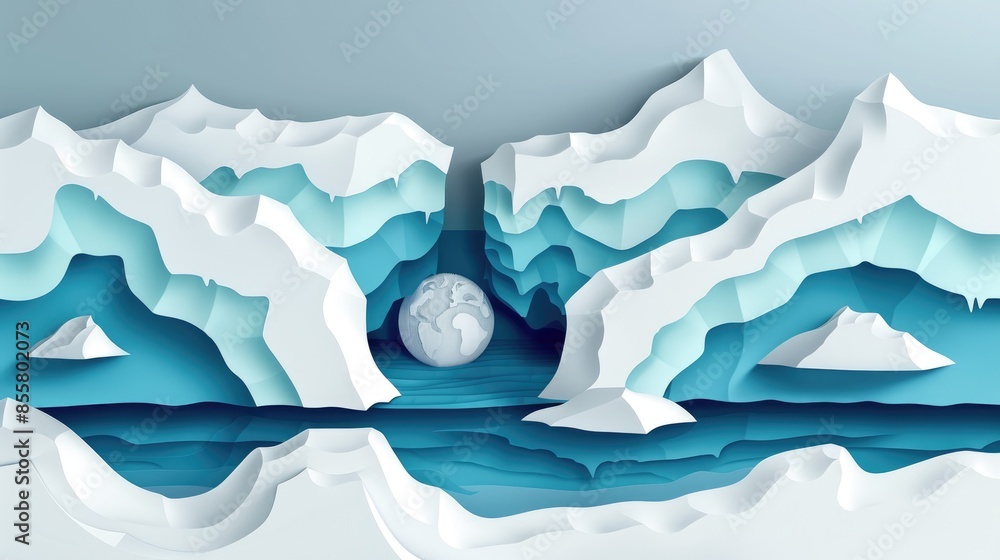 Climate change impact in paper cutout art style, with melting glaciers ...