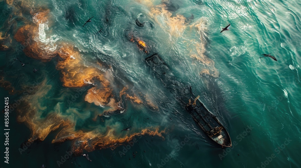 Top view oil spill in the ocean with birds and marine life affected ...