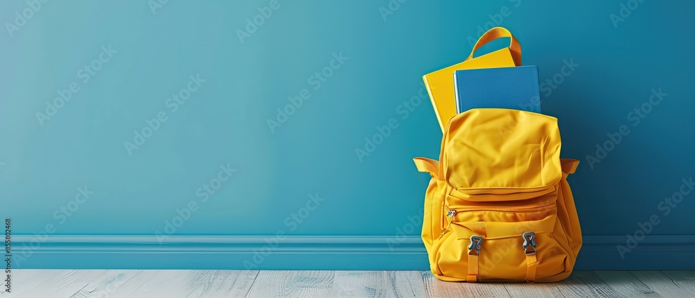 Bright backpack with school stationery isolated on blue background ...