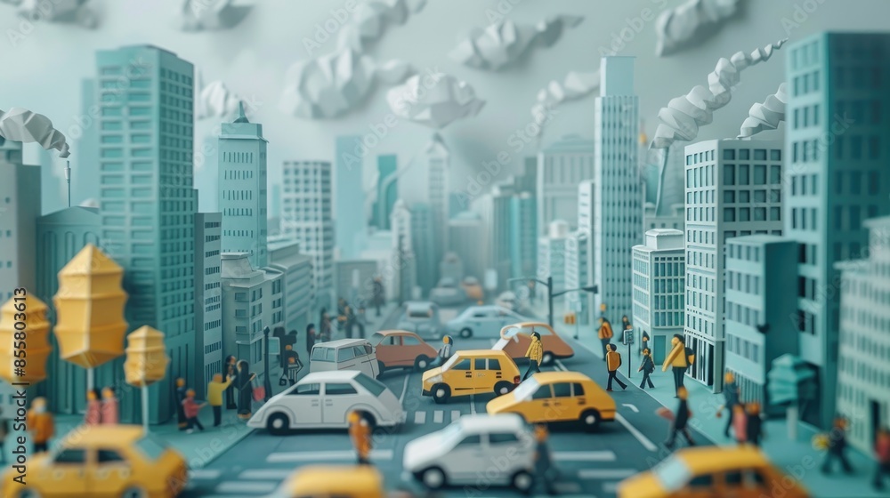 Paper cutout art depicting a city with heavy traffic, smog-filled skies ...