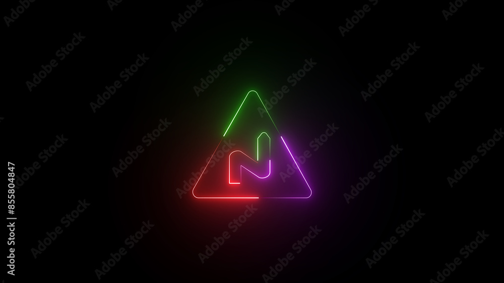 Neon triangular road sign . Glowing curves road sign. Triangle warning ...