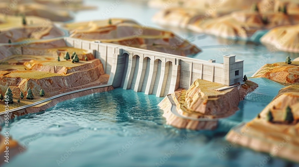 Paper cutout art showing a hydroelectric dam with a dried-up riverbed ...