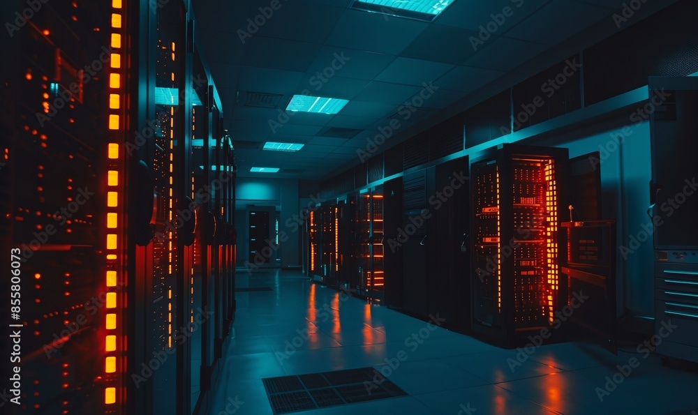 image of interior of data center server room at night illuminated by ...