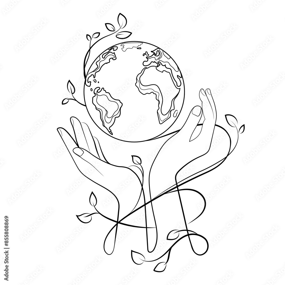 Human hands and planet Earth entwined with plants. Abstract line art ...