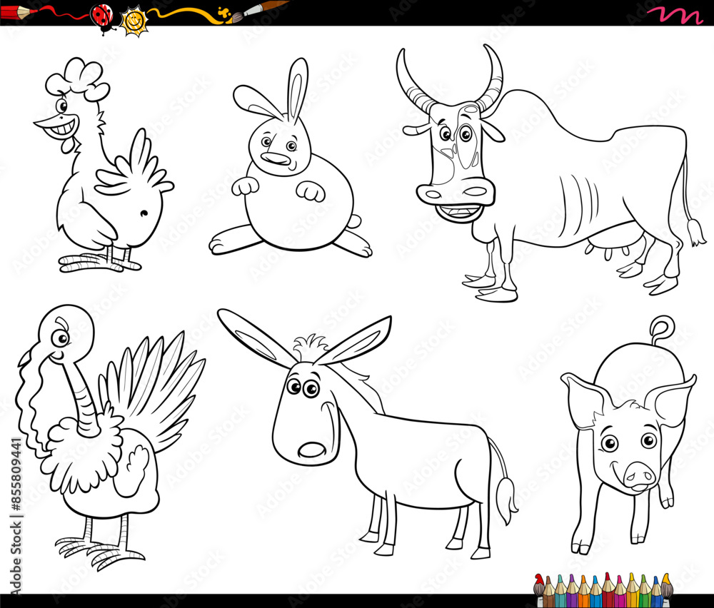 cartoon farm animals characters set coloring page Stock Vector | Adobe ...