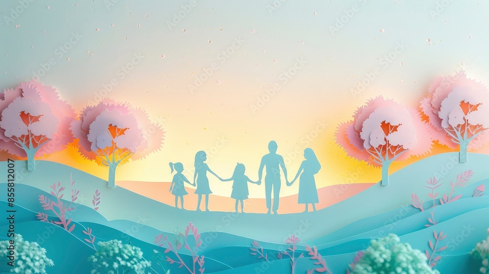 Paper cut tableau of a family adventure featuring a father and mother ...