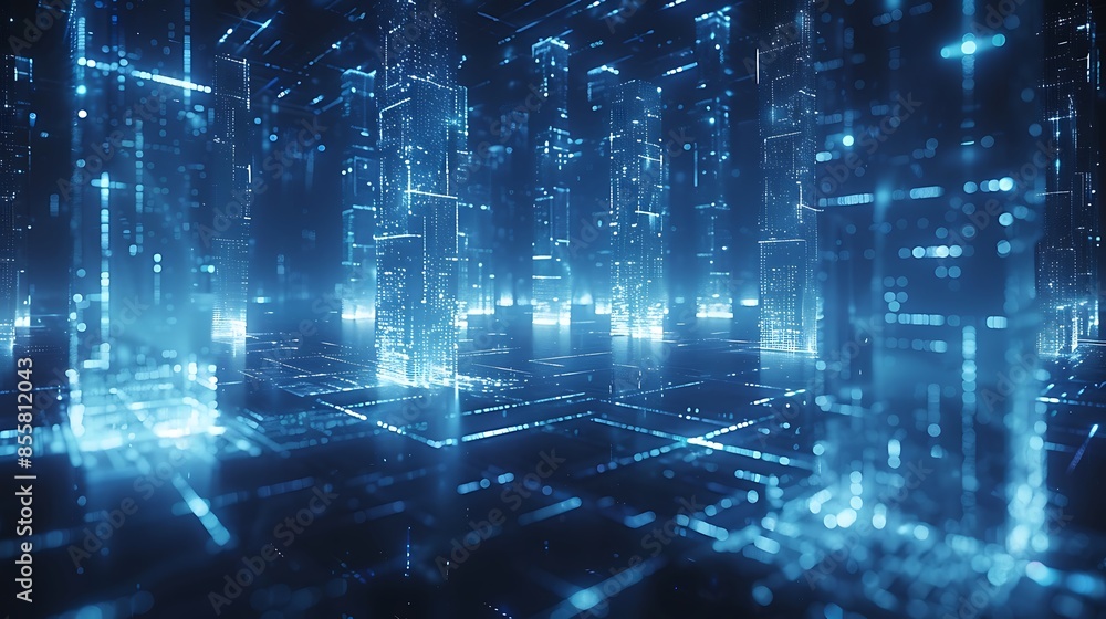 Wireframe grid projecting 3D models in a virtual reality setting. The ...