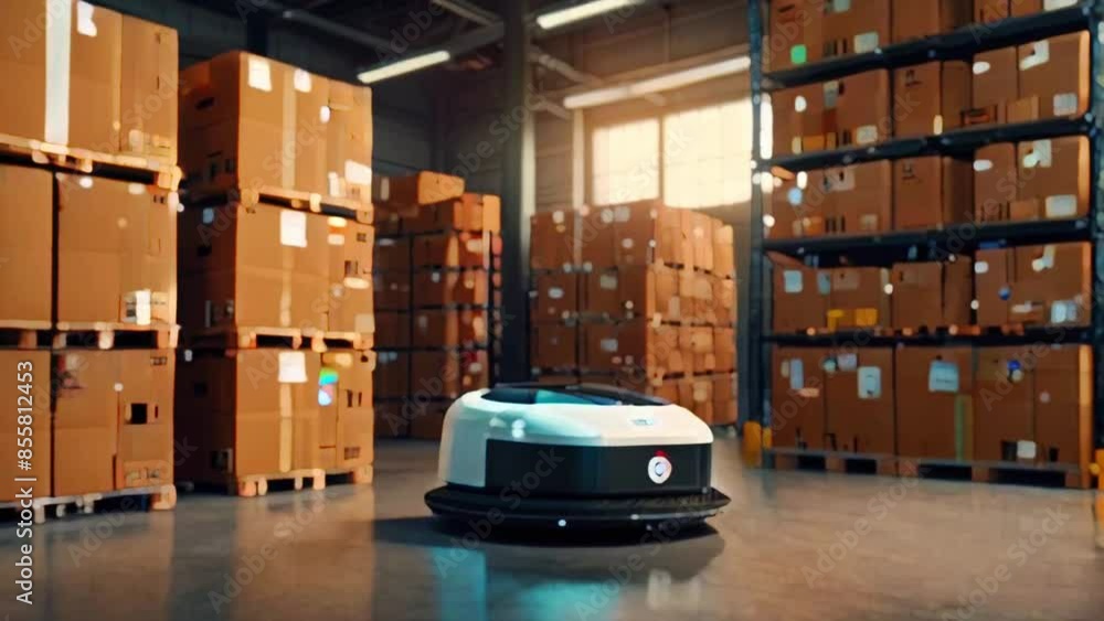 An autonomous mobile robot is navigating a warehouse filled with tall shelves lined with brown ...