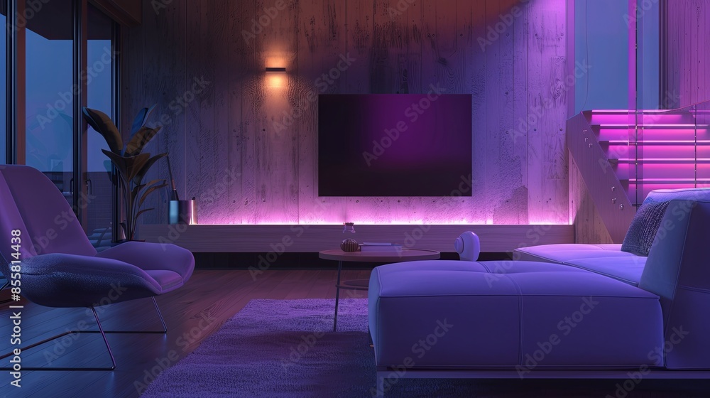 A modern smart home living room with AI-driven devices, sleek furniture ...