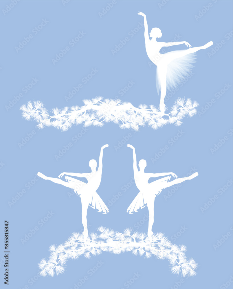 seasonal border made of pine tree branches with beautiful ballerina ...