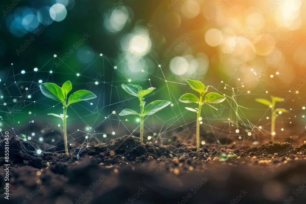 Young plants in rich soil connected by digital networks, symbolizing ...