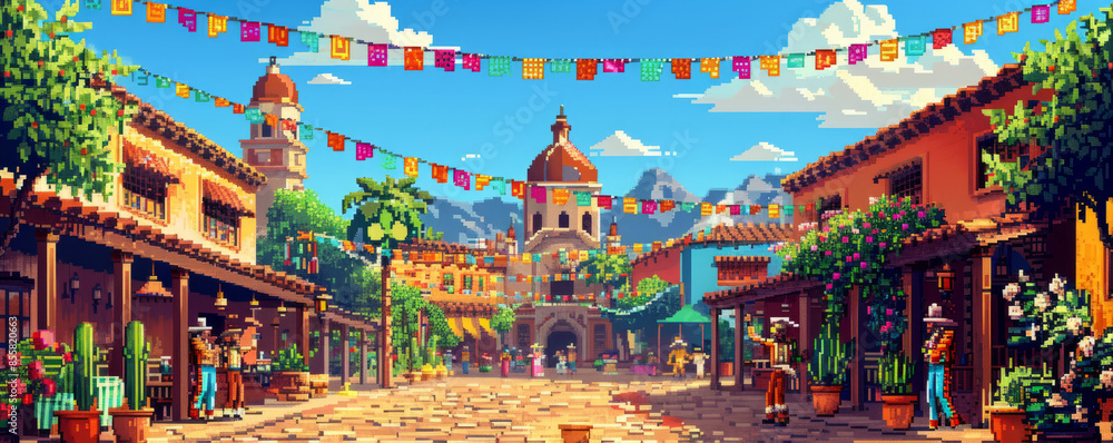 A pixel art rendition of a lively Cinco de Mayo fiesta with mariachi ...