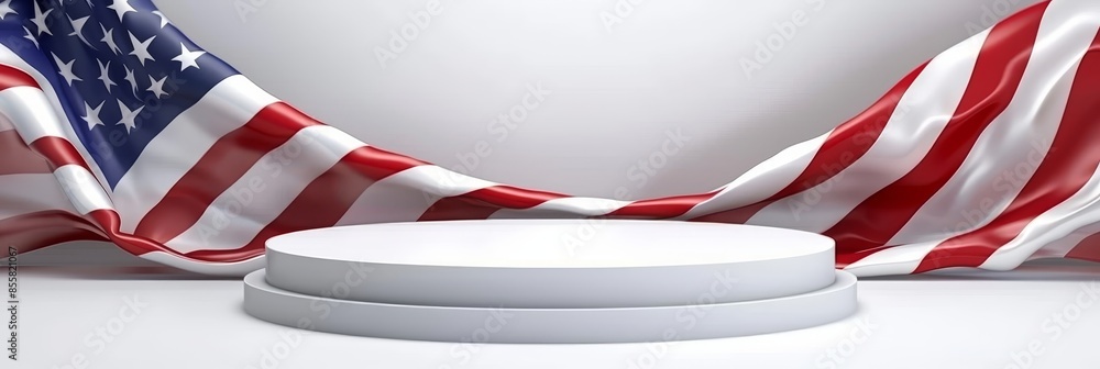 White round podium with US flag - A 3D white round podium with elegant ...
