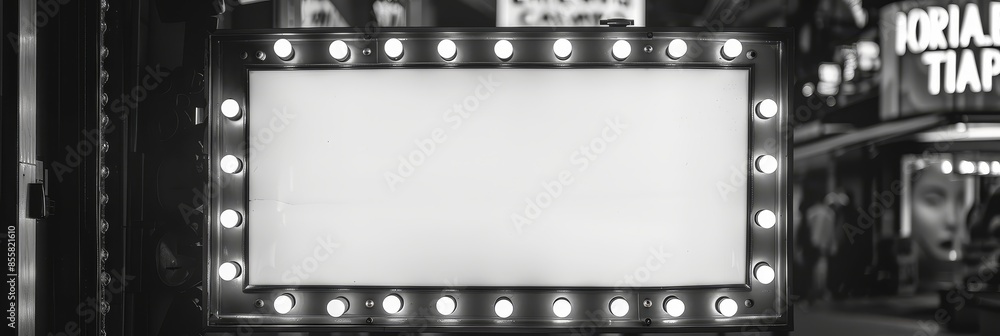 Blank marquee sign with light bulbs in urban setting - Black and white ...