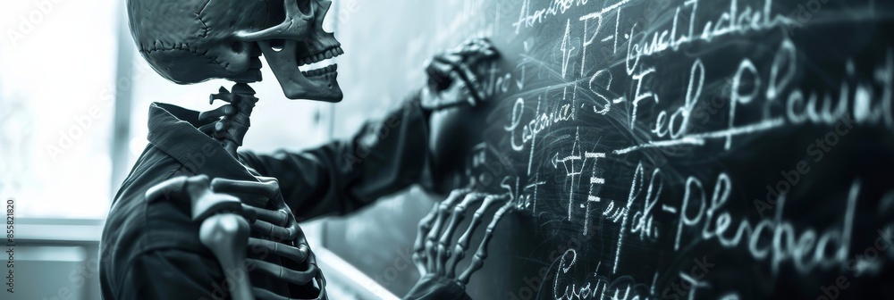 Skeleton professor teaching physics concept - Monochromatic image of a ...