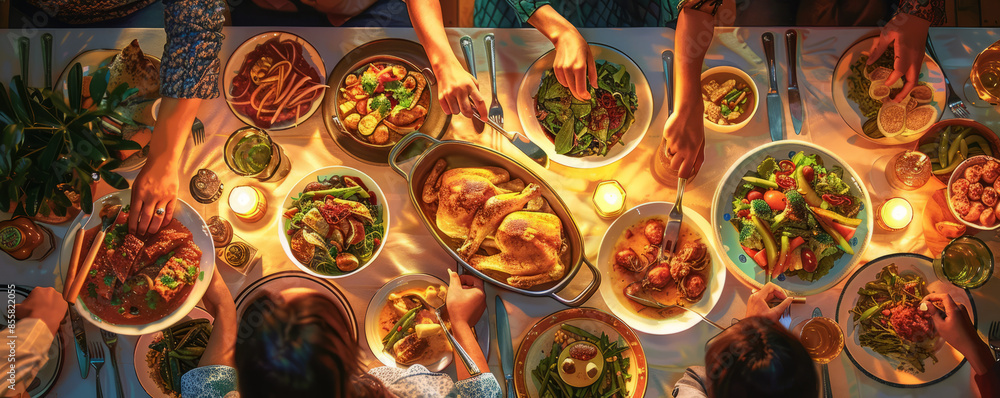 A family hosting a multicultural potluck dinner, where guests share ...