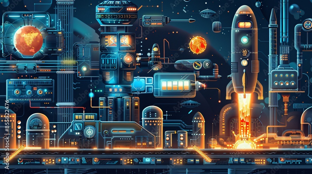 An illustration of a satellite space industrial background emphasizes ...