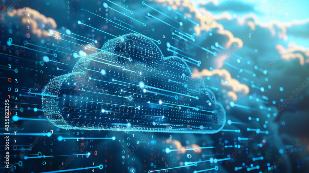 A high-tech cloud computing network diagram with data nodes and ...
