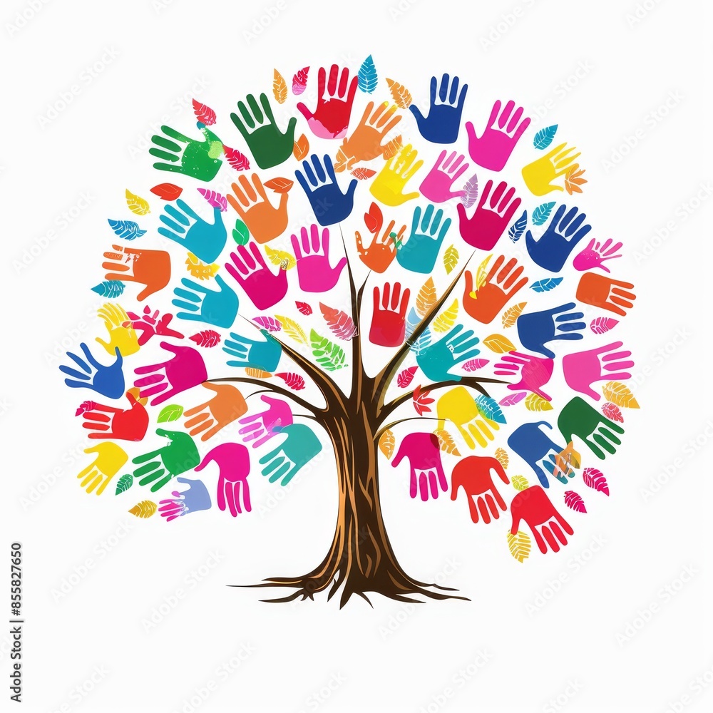 Handprint with colorful hands and leaves for unity day or world civil ...