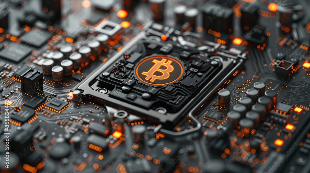 Bitcoin graphic embedded in a motherboard interface, surrounded by ...