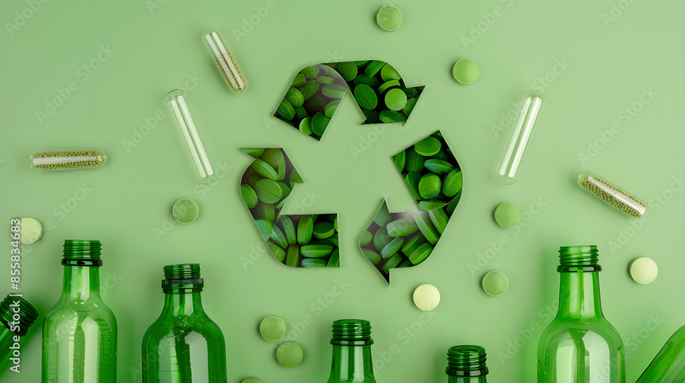 Green recycle sign symbol with glass trash garbage bottle, pills and ...