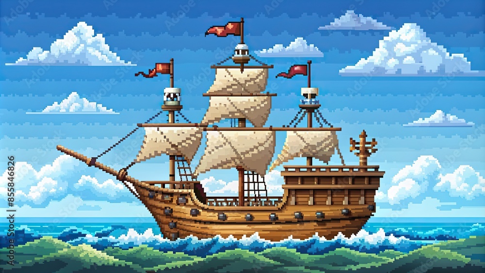 Pixel art pirate ship with sails, cannons, and a skull and crossbones ...