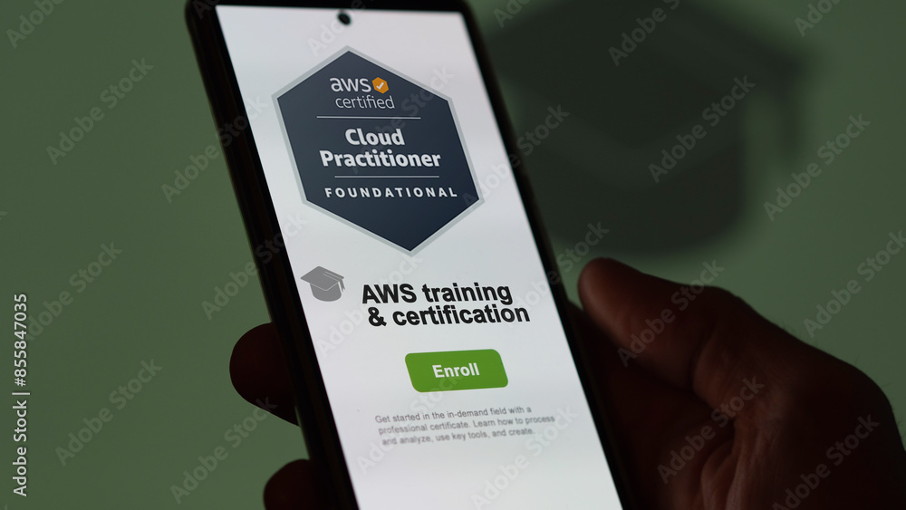 May 3th 2024. Student enrolls to aws certification program on a phone ...