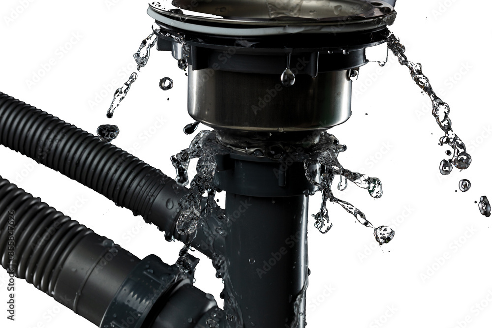 Drain sink leak water from pipe plumbing in bathroom as water splash ...