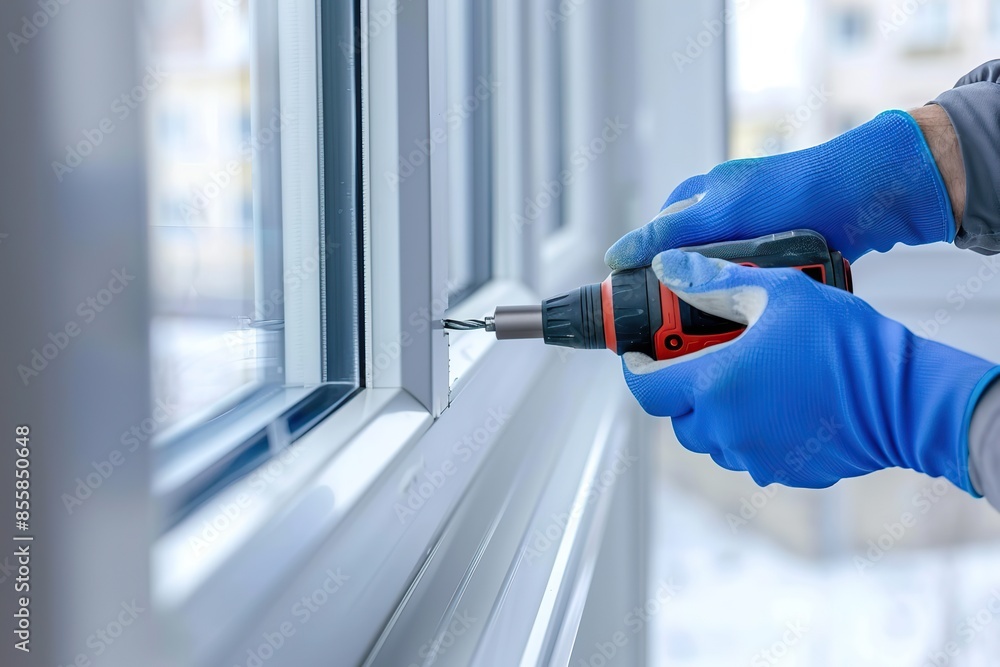 Window Measuring. Workman fixing, adjusting new plastic PVC window with ...