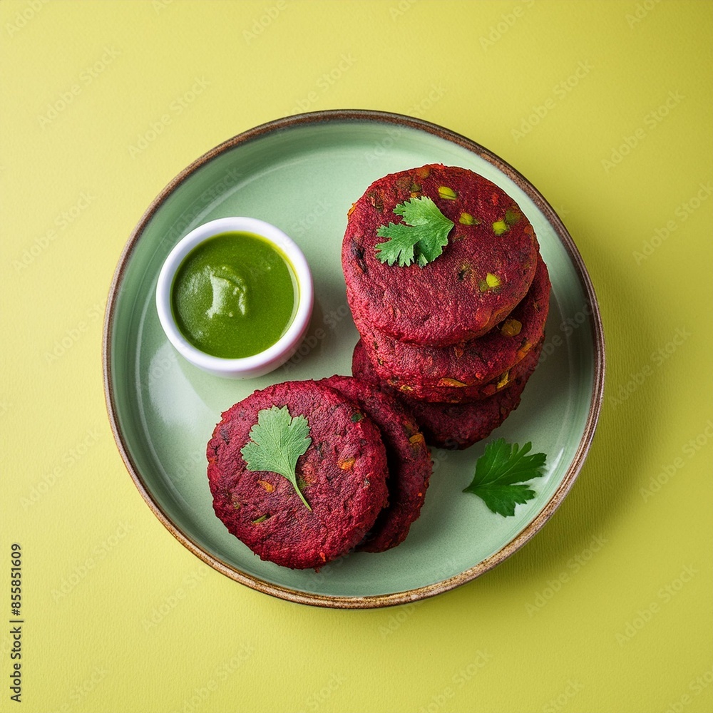 Beetroot patties also called cutlet and tikki served with chutney on ...