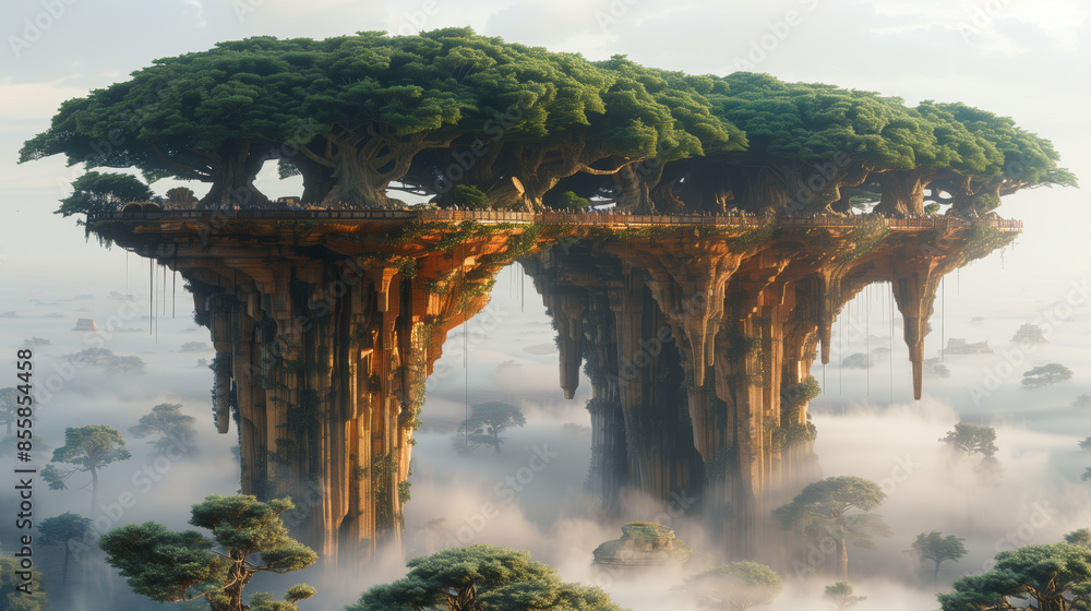 Massive trees with thick canopies grow atop towering, ancient stone pillars above a fog-covered ...