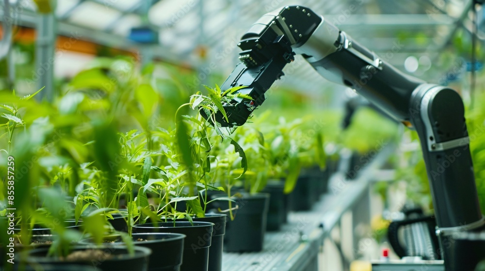 In a laboratory setting, a robot arm is shown growing plants ...