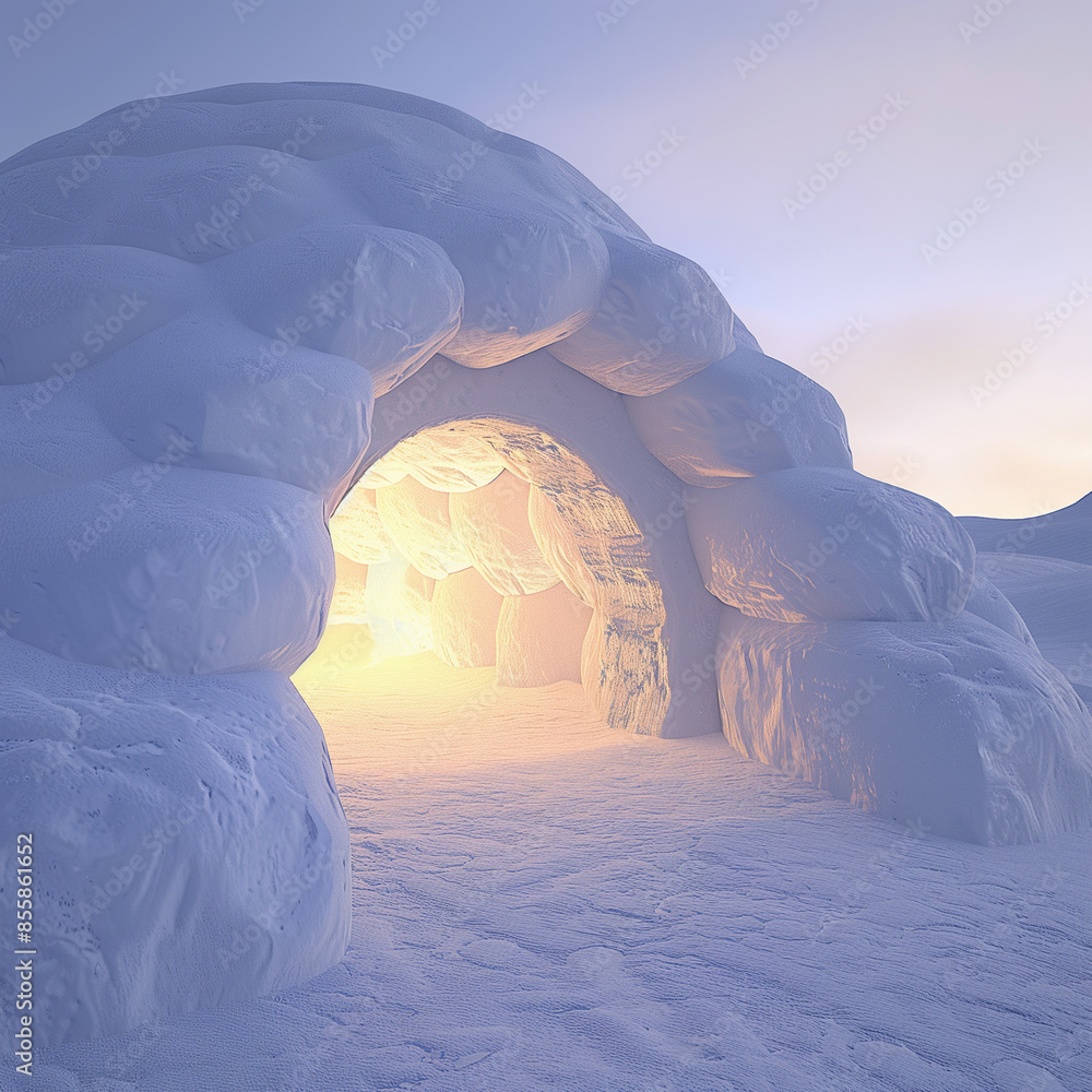 Igloo with Soft Interior Lighting in a Snowy Landscape at Dawn ...