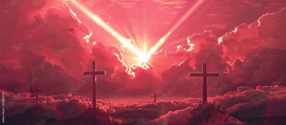 The three holy crosses of Jesus Christ shining through the red sky and ...