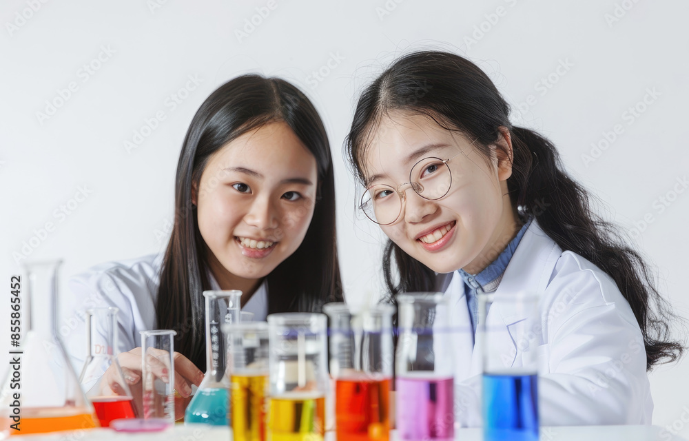 two young girls in a laboratory, conducting experiments with test tubes ...