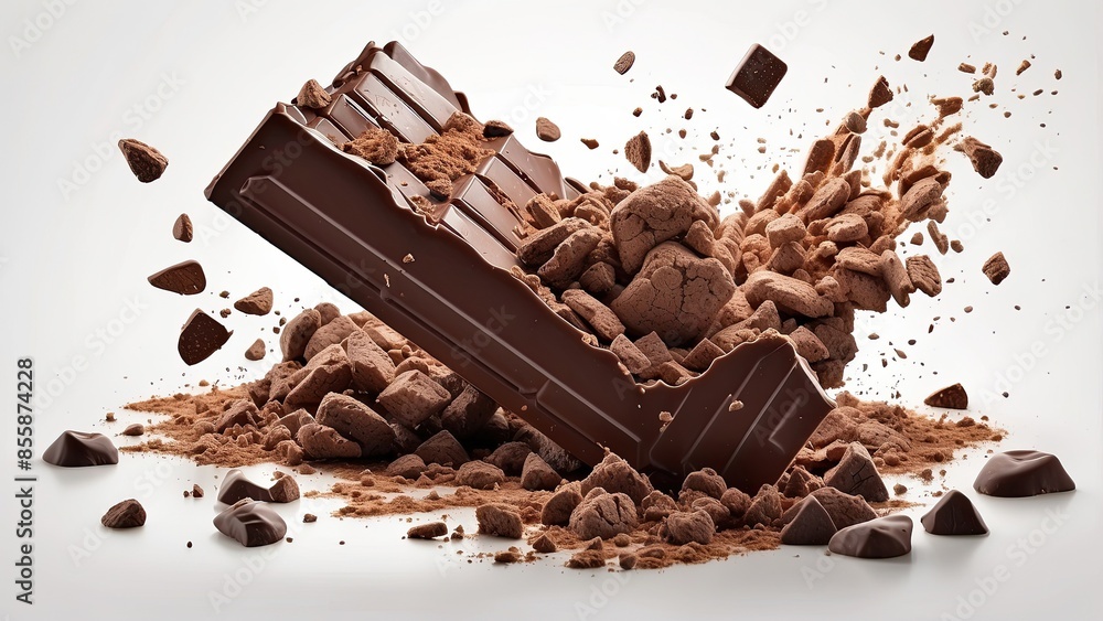 Isolated on a white background, a chocolate bar piece with chunks of ...