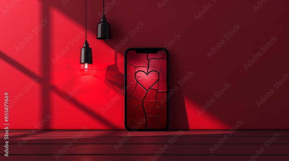 Smartphone with broken heart emoji on screen under red moody lighting ...
