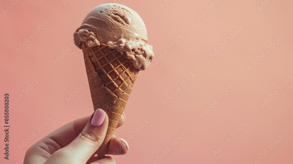helado de cono con bola de chocolate sujetado por una mano con fondo ...