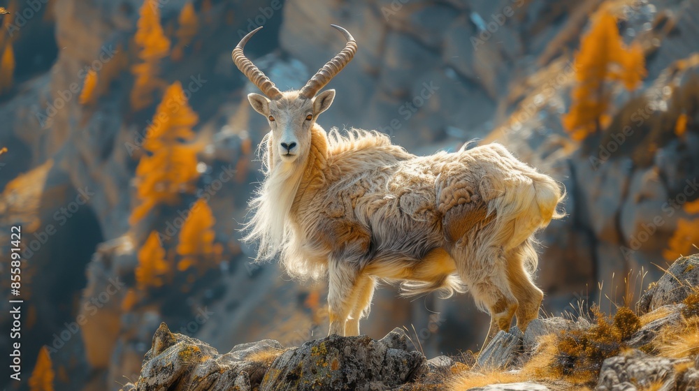A Markhor stands majestically on a steep, rocky mountain slope, its ...