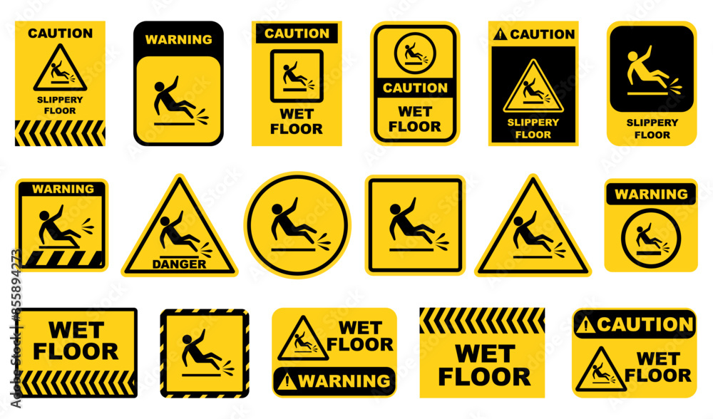 Wet floor signs. Caution orange signs plate collection. Wet floor ...