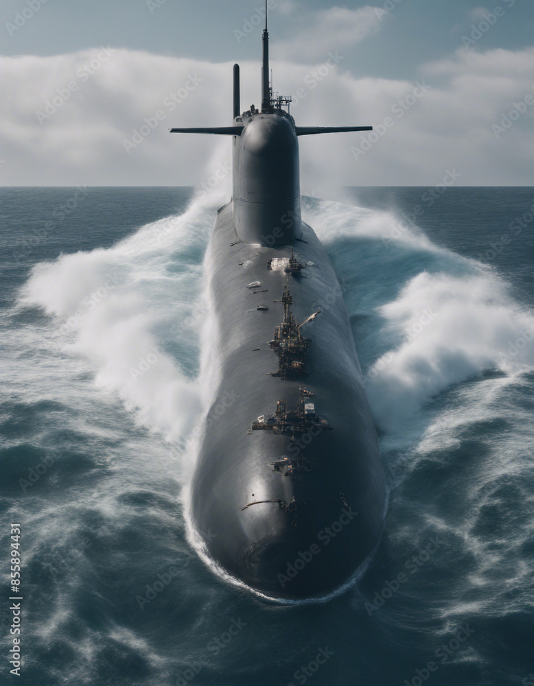 A colossal nuclear-powered military submarine surging up through ...