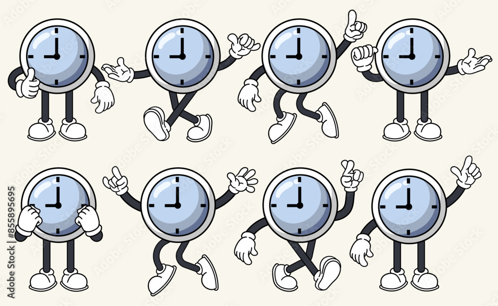 Set of 70s 80s groovy clock cartoon character vector. Collection of ...
