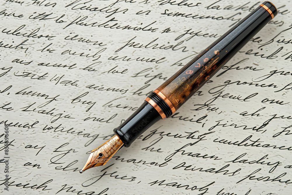 Fountain pen on an antique handwritten letter. Vintage nib pen and ...
