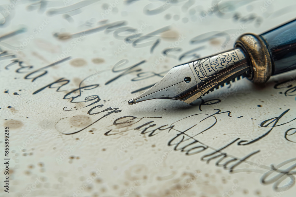 Fountain pen on an antique handwritten letter. Vintage nib pen and ...