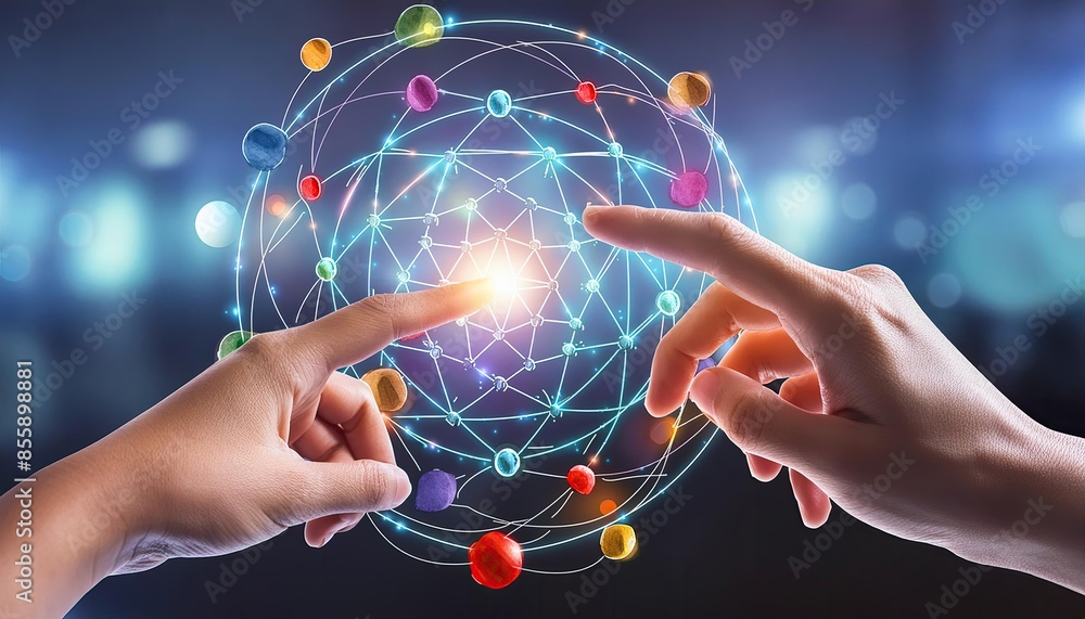 Molecules images, A man is touching atomic particles with his hands ...